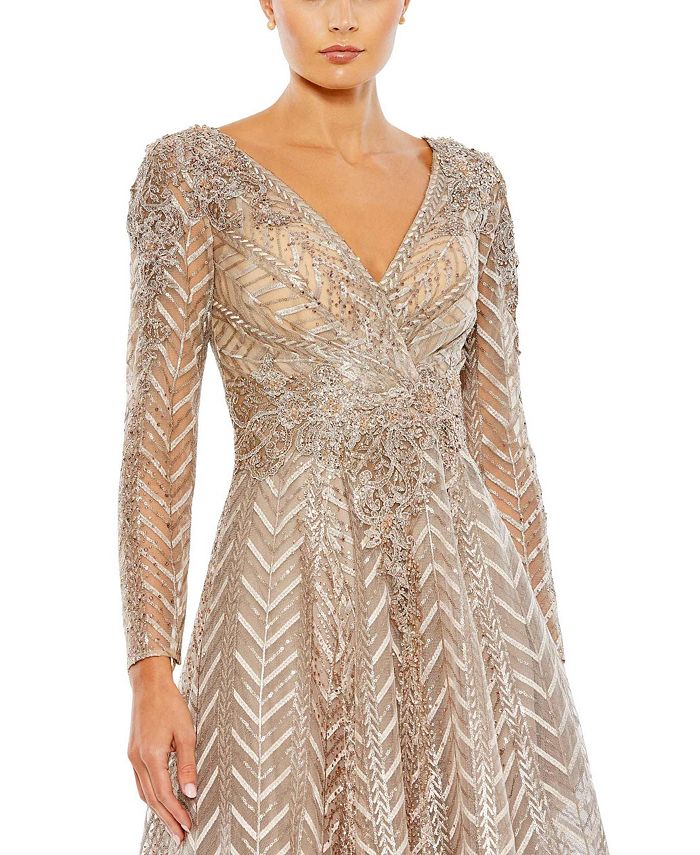 Mac Duggal Women's Embellished Long Sleeve Wrap Over Dress - Macy's