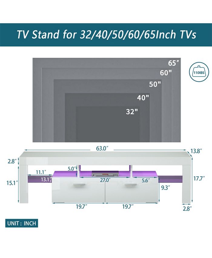 Simplie Fun White Modern TV Stand with LED Lights, high glossy front TV ...