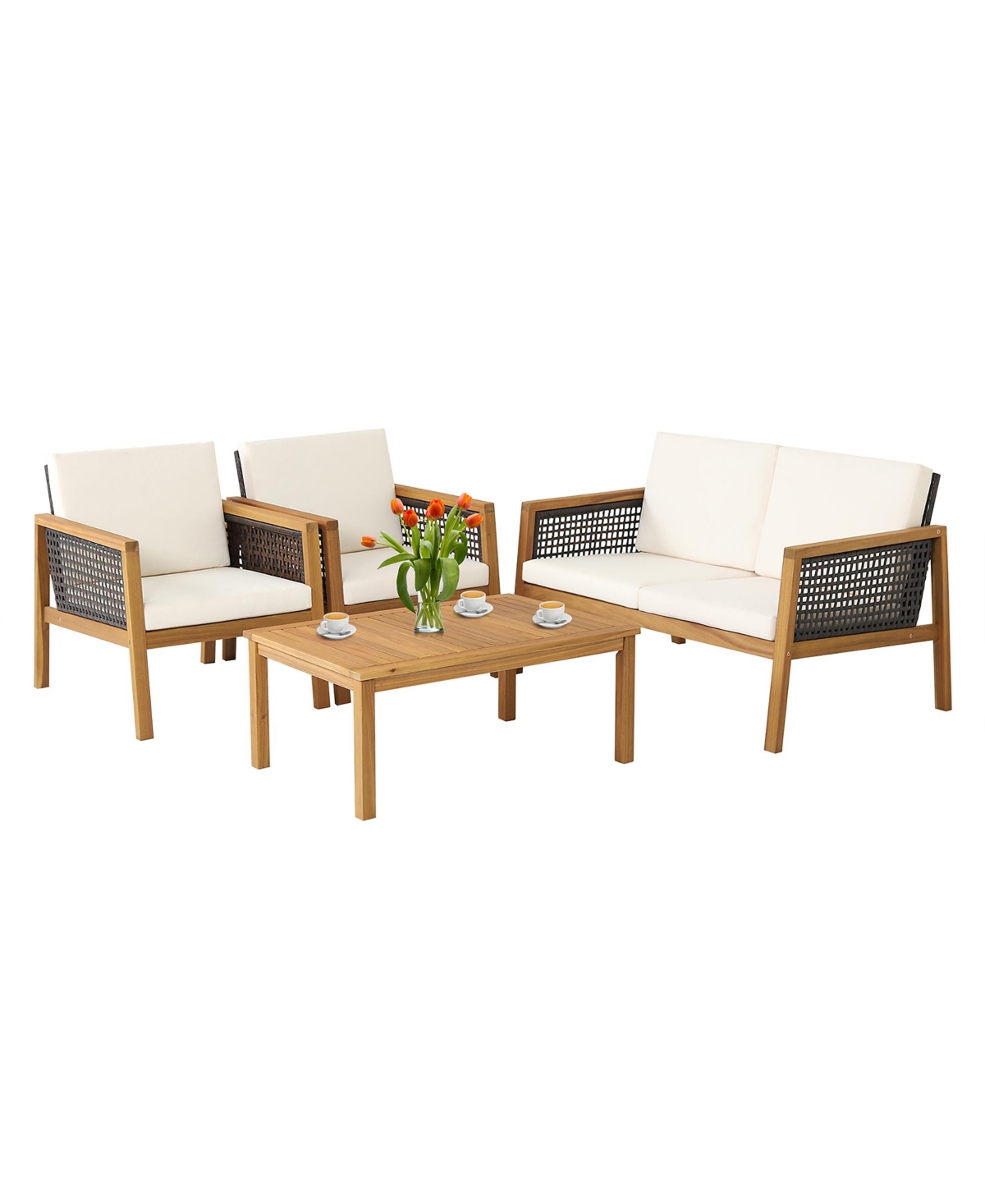 Click here for 4PCS Patio Rattan Furniture Set Acacia Wood Cushio... prices