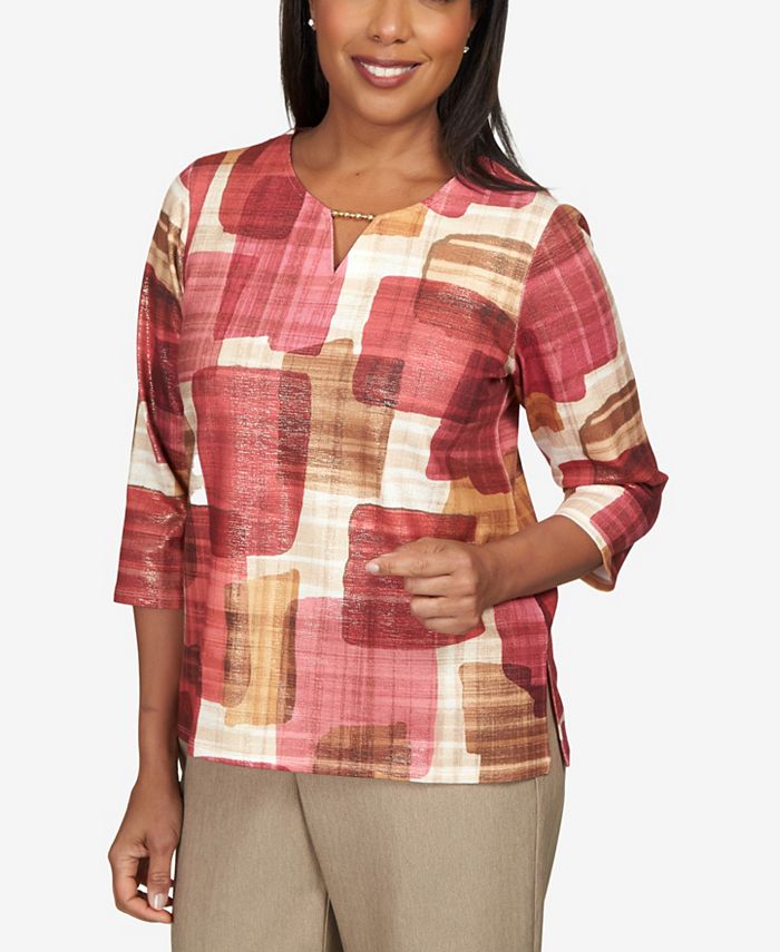 Alfred Dunner Women's Mulberry Street Texture Colorblock Split Neck Top ...