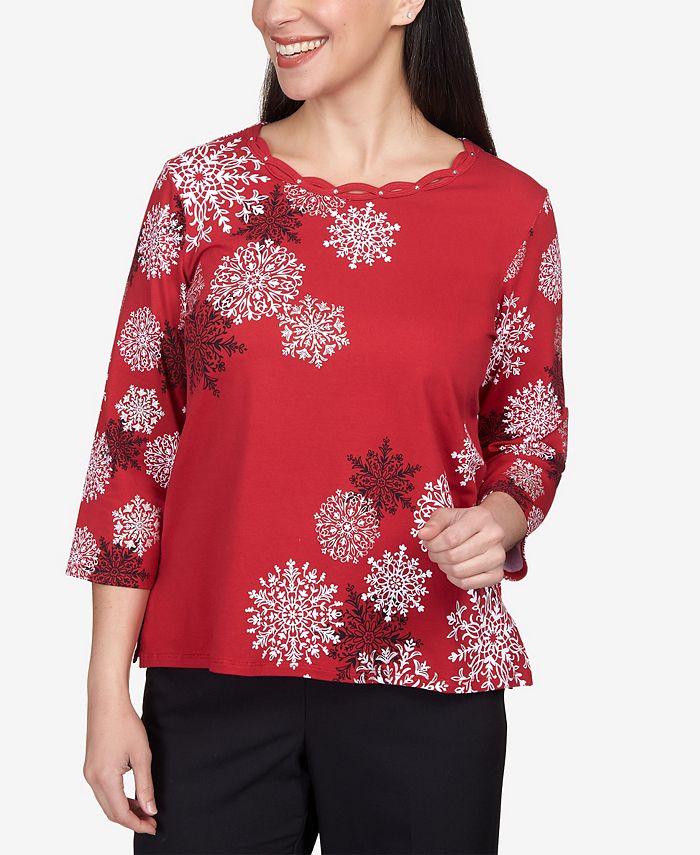 Alfred Dunner Women's Classics Snowflakes Twist Neck Top - Macy's