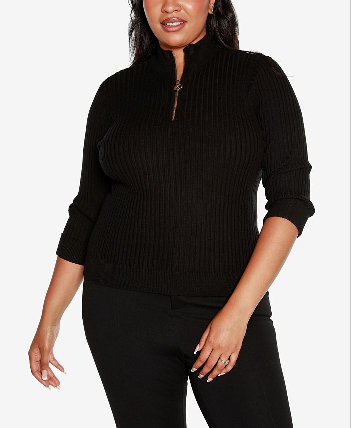 Belldini Black Label Plus Size Ribbed Quarter Zip Sweater - Macy's