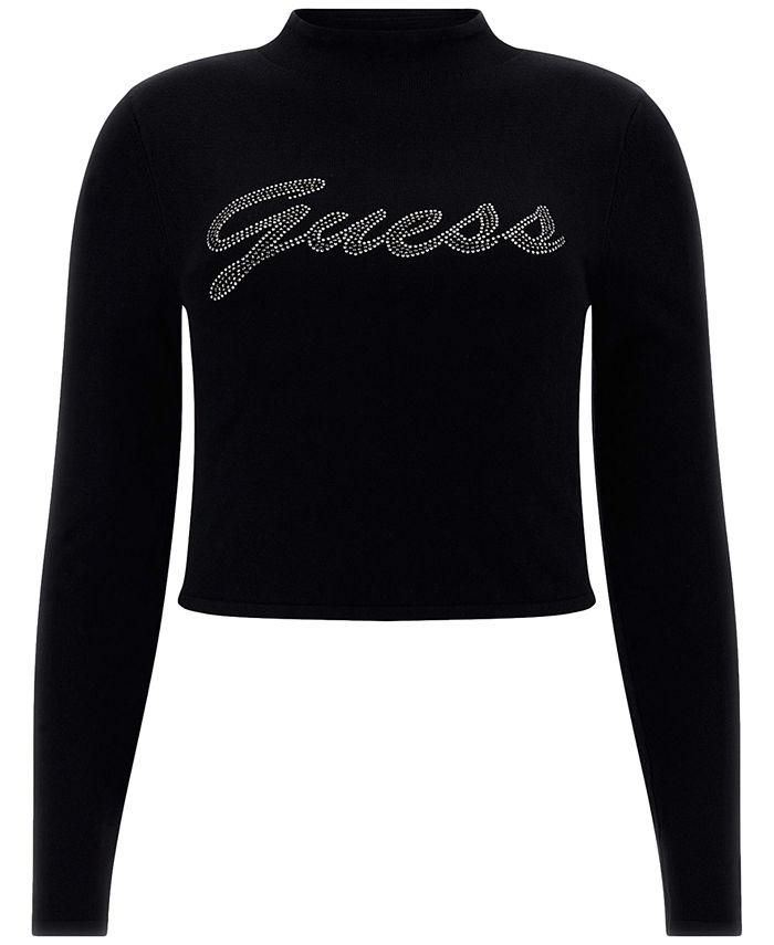 GUESS Women's Rhinestone-Logo Long-Sleeve Crop Top - Macy's