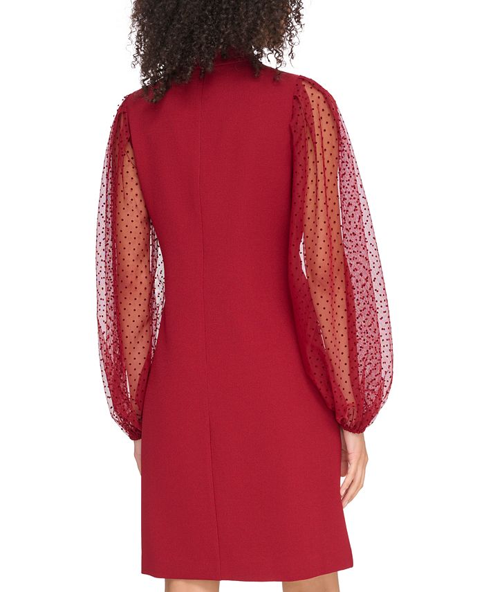 Vince Camuto Petite Tie-Neck Flocked Mesh-Sleeve Dress - Macy's