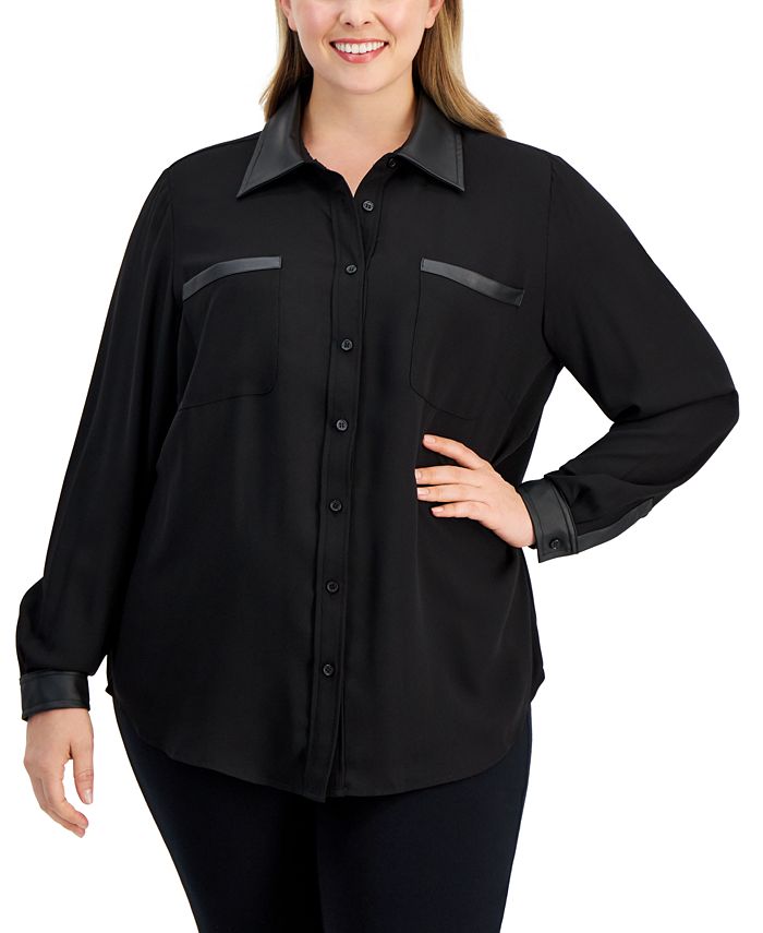 Anne Klein Plus Size Faux-Leather-Trim Shirt - Macy's