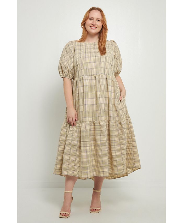 English Factory Plus Size Gingham Back Bow Tie Midi High Low Dress - Macy's