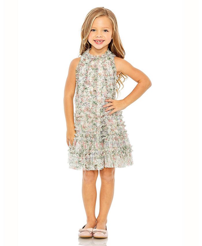 Mac Duggal Little Girls Mesh Floral Print A-Line Dress - Macy's