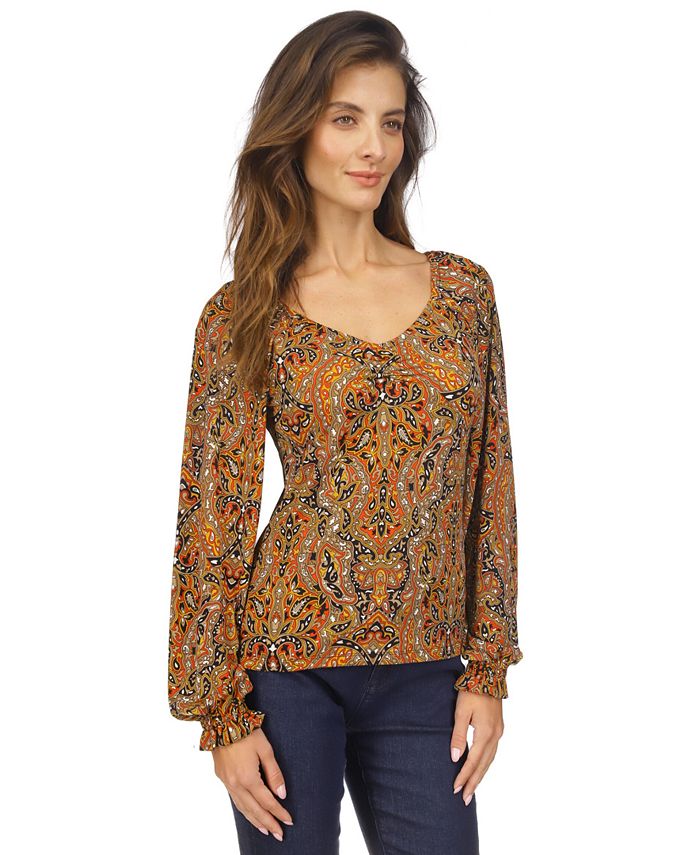 Michael Kors Women's Paisley Ruched Ruffled-Cuff Top - Macy's