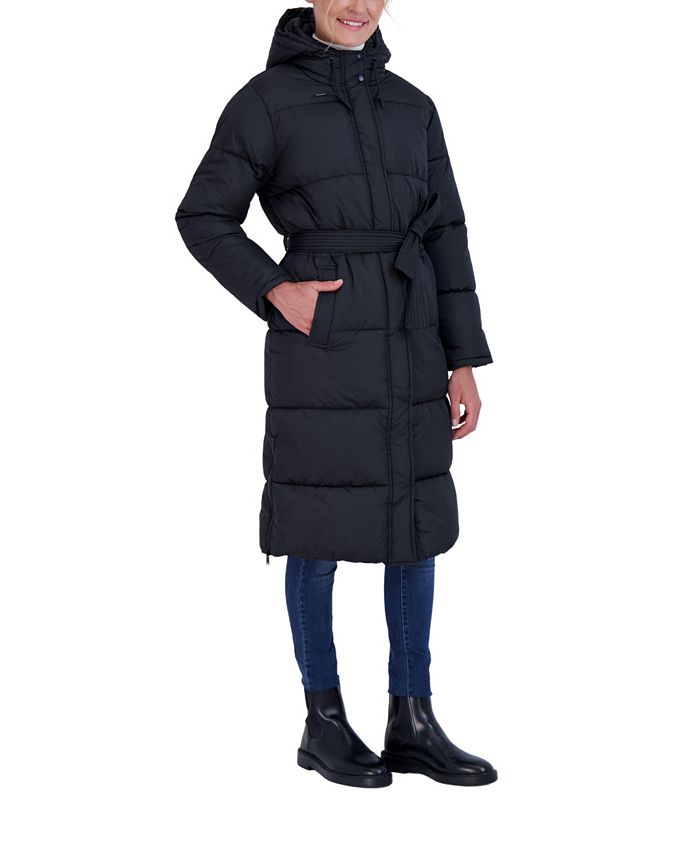Sebby Collection Women's Long Puffer Jacket with Hood and Belt - Macy's