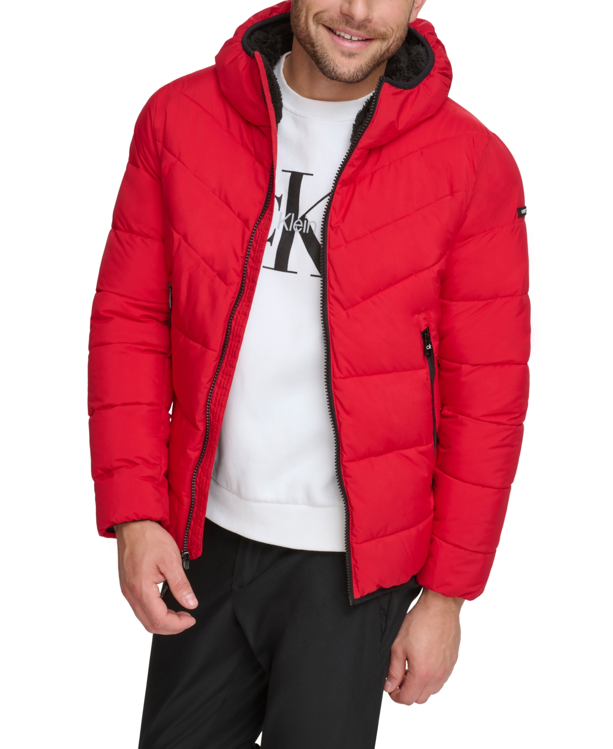 Calvin Klein Mens Chevron Stretch Jacket With Sherpa Lined Hood - Deep Red