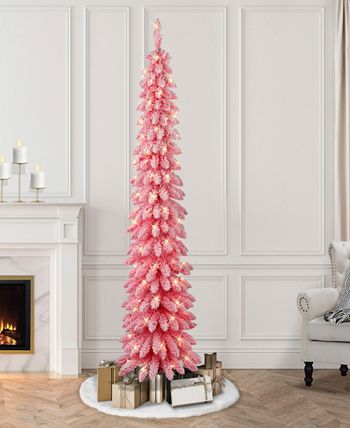 Puleo 7' Pre-Lit Flocked Artificial Alpine Pencil Tree - Macy's