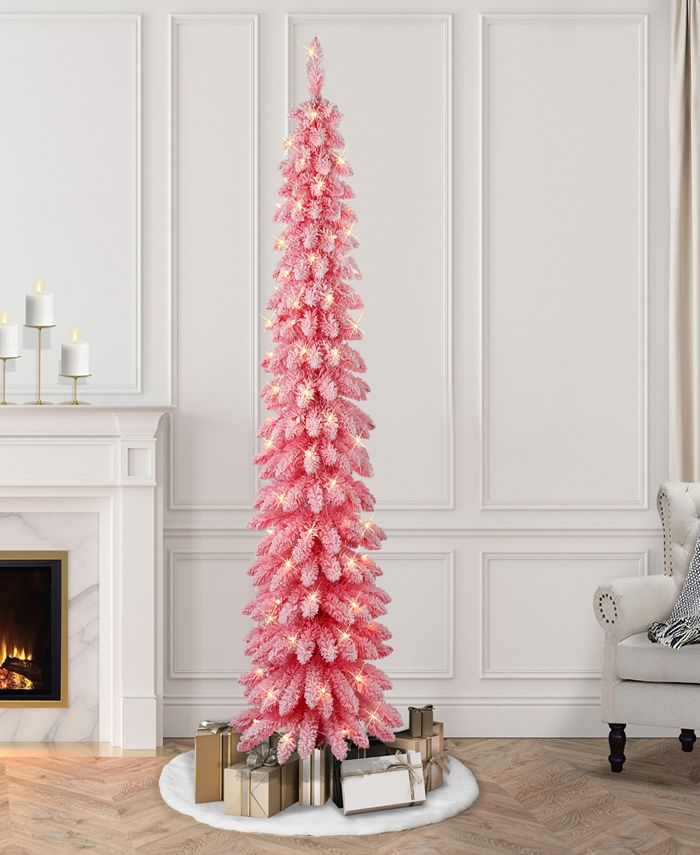 Puleo 7' Pre-Lit Flocked Artificial Alpine Pencil Tree - Macy's