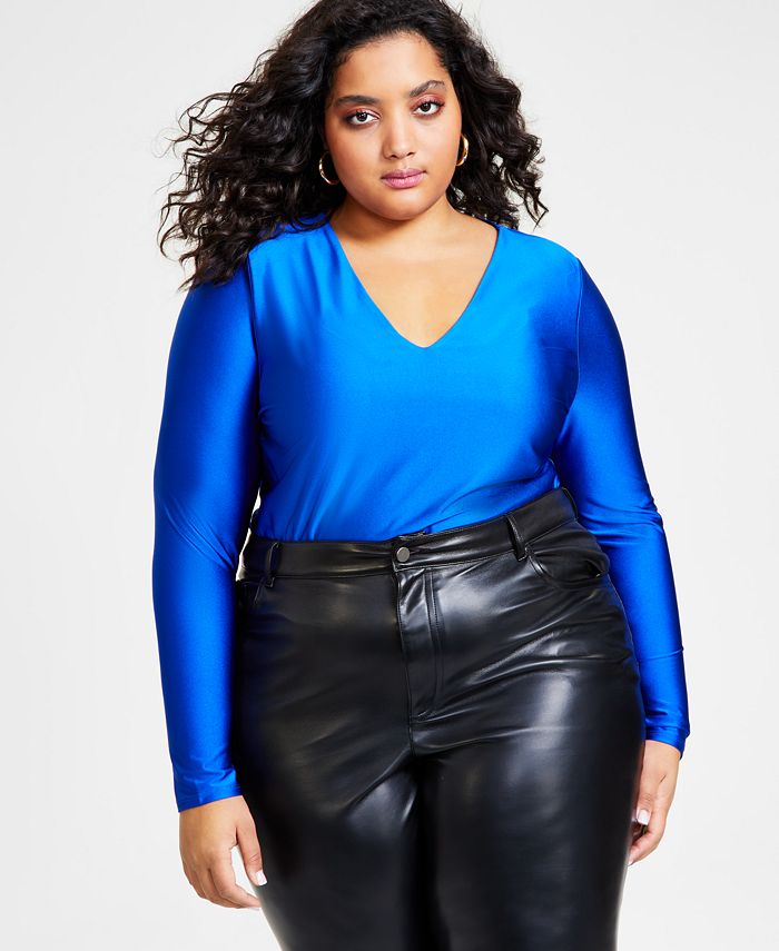 Bar III Plus Size V-Neck Long-Sleeve Shine Knit Top, Created for Macy's ...