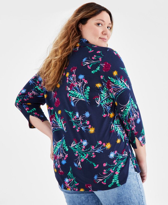 Style & Co Plus Size Lola Floral-Print Johnny-Collar Tunic, Created for ...