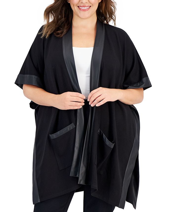 Anne Klein Plus Size Faux-Leather-Trim Open-Front Side-Slit Poncho - Macy's