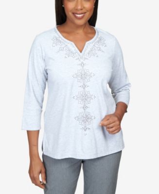 Alfred Dunner Petite Point of View Center Scroll Embroidery Top - Macy's
