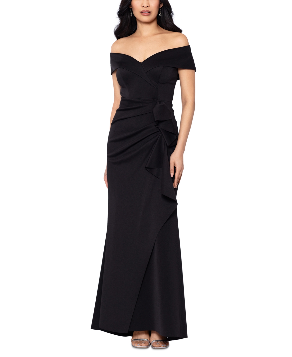 Click here for Xscape Petite Off-The-Shoulder Ruffle Gown - Black prices