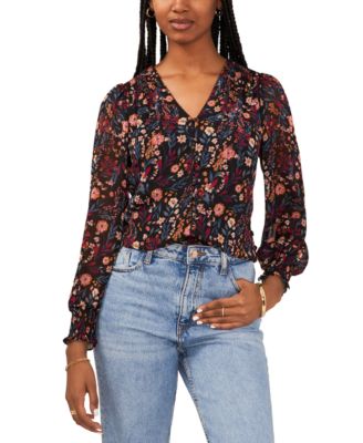Sam & Jess Petite Printed V-Neck Smocked-Shoulder Blouse - Macy's