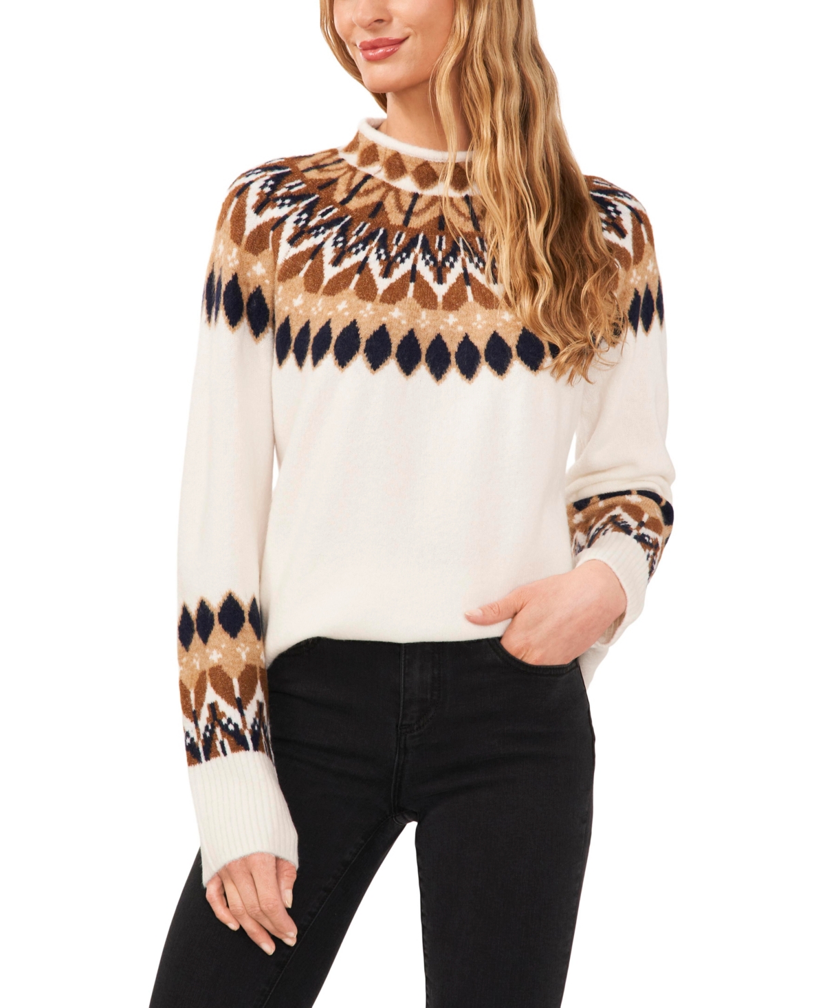 CeCe Womens Fair Isle Long Sleeve Mock Neck Sweater - Antique White