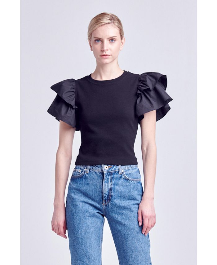 English Factory Women's Mixed Media Ruffled Top - Macy's