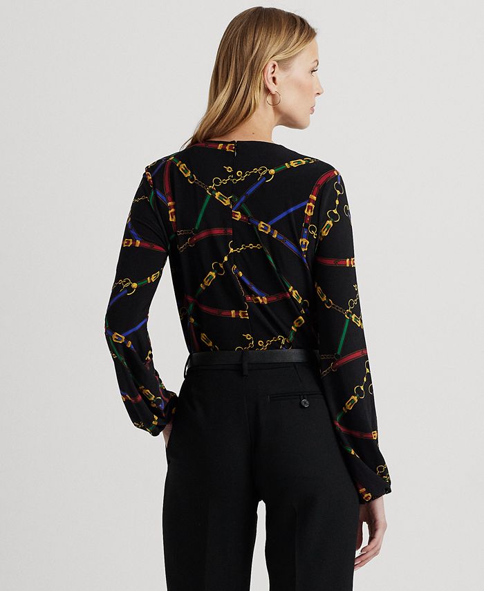 Lauren Ralph Lauren Women's Print Logo-Trim Stretch Jersey Top - Macy's