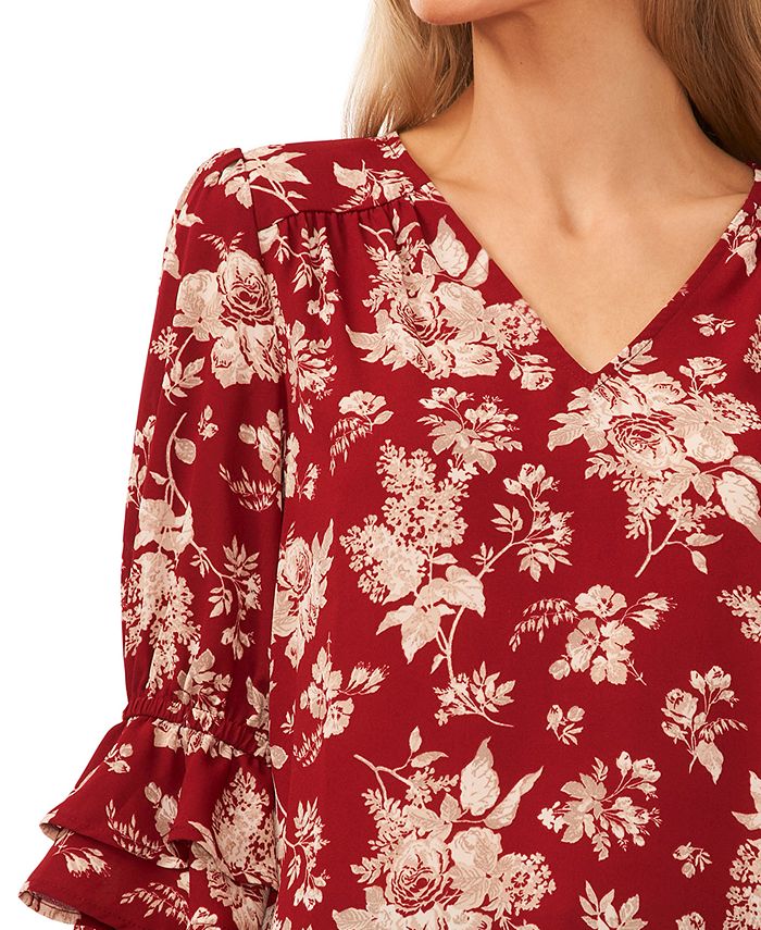 CeCe Women's V-Neck Ruffled-Cuff 3/4-Sleeve Blouse - Macy's