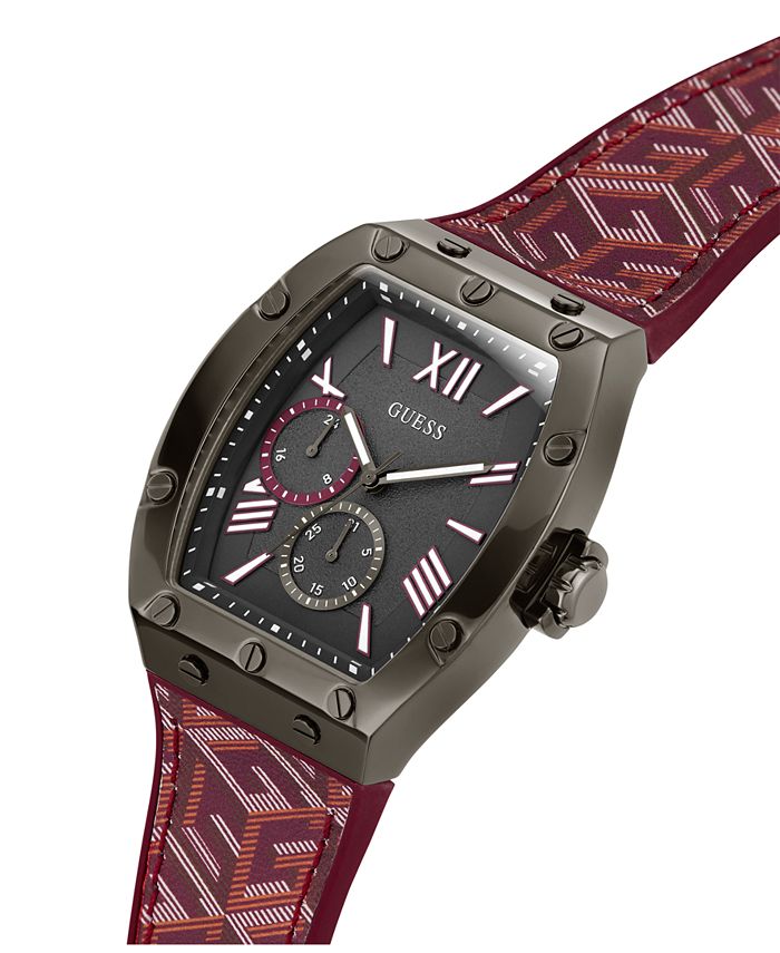 GUESS Men's Multi-Function Red Genuine Leather, Silicone Watch 43mm ...