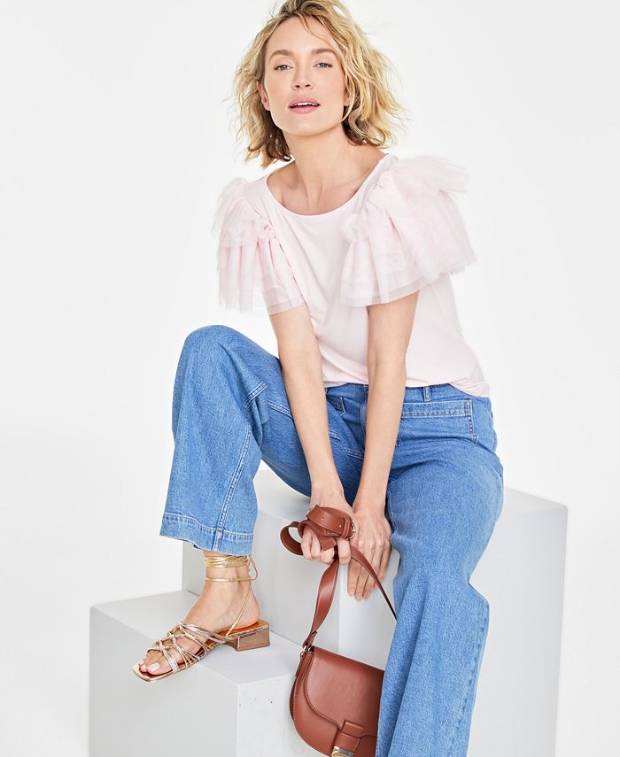On 34th Women's Tulle Ruffle-Sleeve T-Shirt, Created for Macy's - Macy's