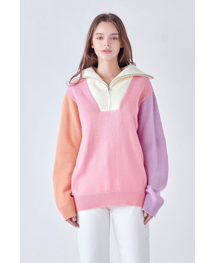 English Factory Women's Colorblock Zip Pullover Sweater - Macy's