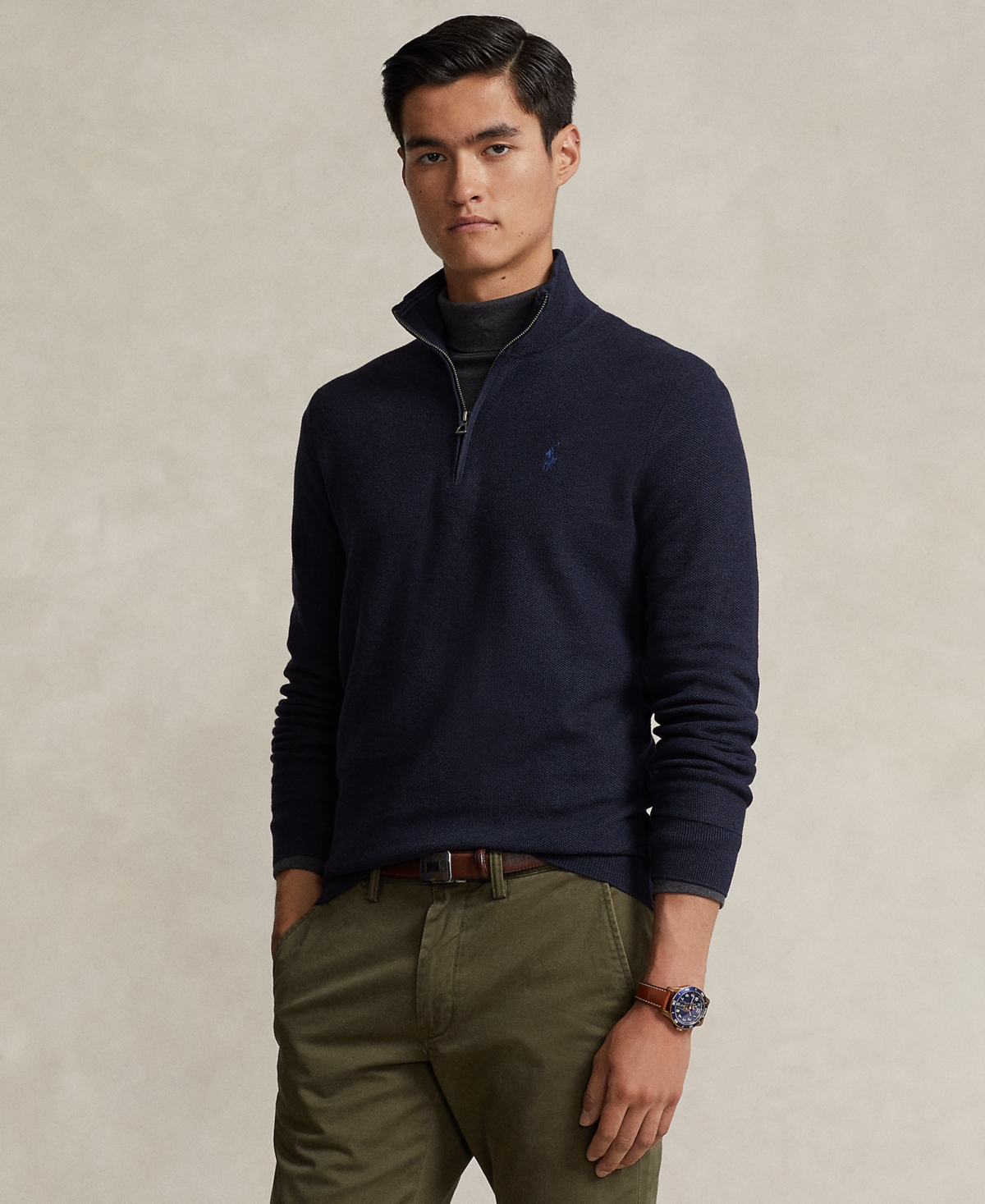 Polo Ralph Lauren Mens Mesh-Knit Cotton Quarter-Zip Sweater - Navy Heather
