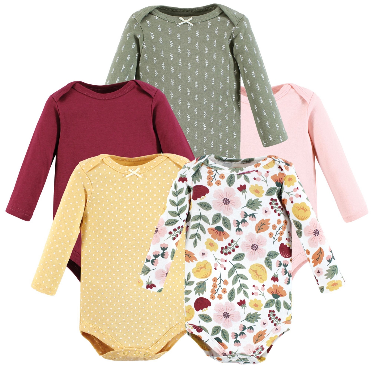 Hudson Baby Baby Girls Everyday Long-Sleeve Cotton Bodysuits Bundle of 5 - Fall botanical