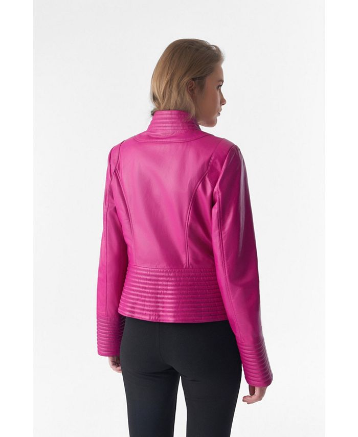 Furniq UK Women's Genuine Leather Riser Biker Jacket, Fuchsia - Macy's