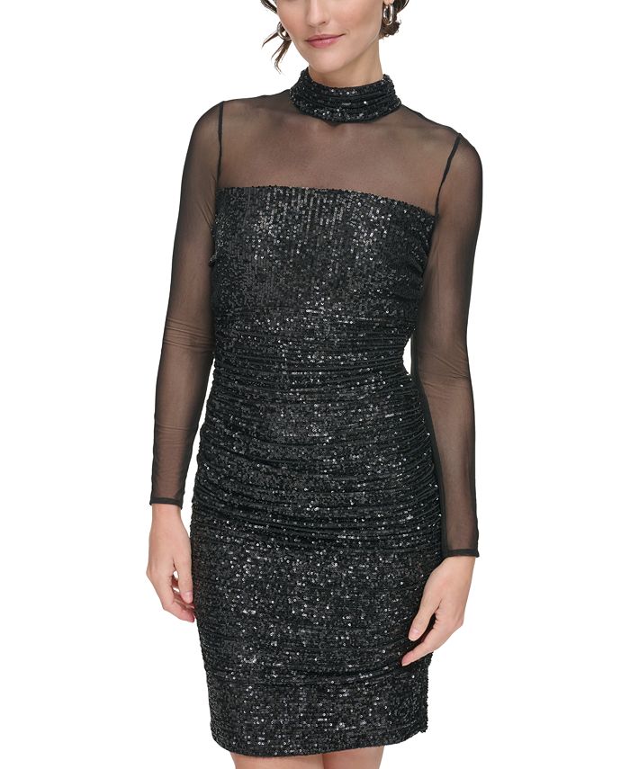 Eliza J Women's Illusion-Sleeve Sequin Bodycon Dress - Macy's