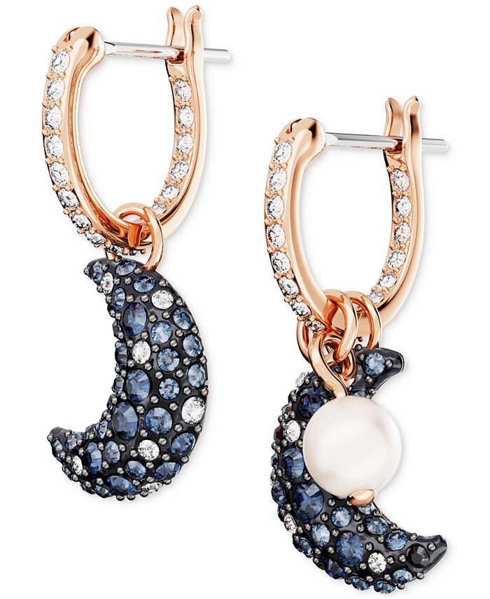 Swarovski Rose Gold-Tone Pavé Crescent Moon & Imitation Pearl Mismatch Charm Hoop Earrings - Macy's