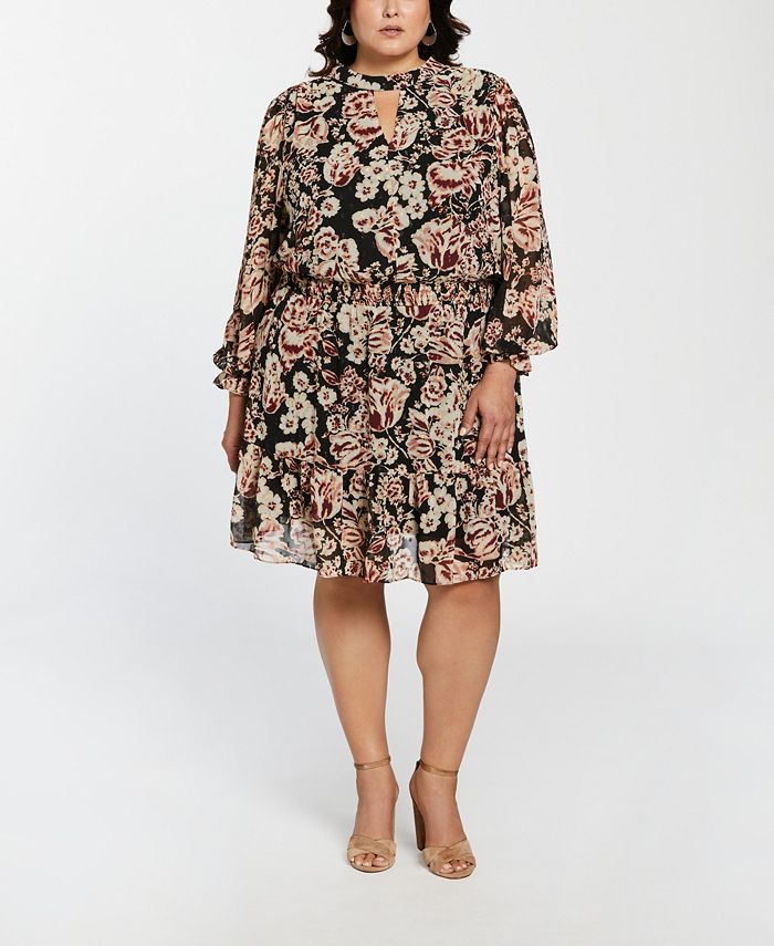 ELLA Rafaella Plus Size Metallic Blooms Print Long Sleeve Dress - Macy's