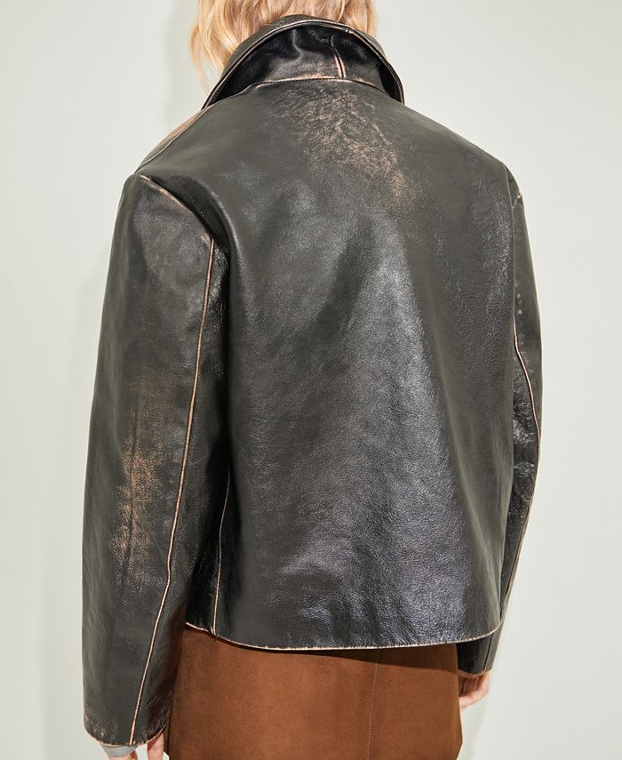 MANGO Women's Worn Effect Leather Jacket - Macy's