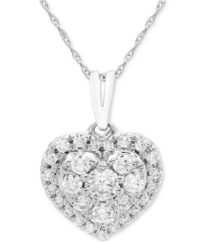 Macy's Diamond Heart Cluster 18" Pendant Necklace (1/2 ct. t.w.) in 10k White Gold - Macy's