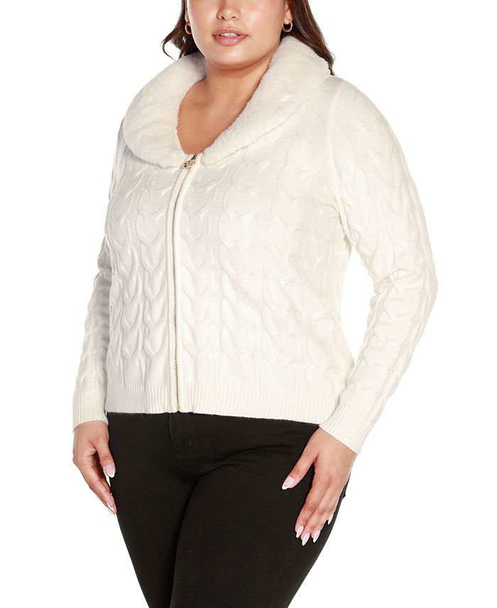 Belldini Black Label Plus Size Faux Fur Collared Cable Cardigan Sweater ...