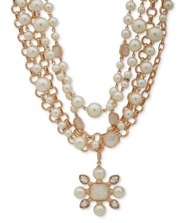 Anne Klein Gold-Tone Crystal & Imitation Pearl Flower Charm Multi-Row ...