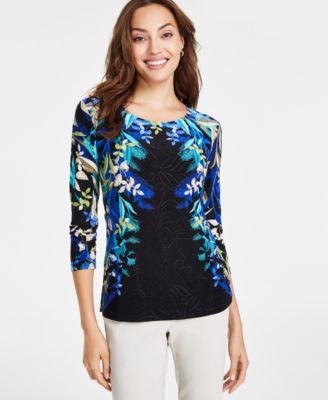JM Collection Women's Printed 3/4 Sleeve Jacquard Top, Created for Macy ...