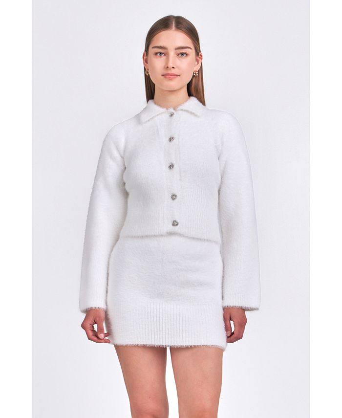 endless rose Women's Fuzzy Jewel Collared Cardigan - Macy's