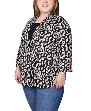 NY Collection Plus Size Puff Print 3/4 Sleeve 2-Fer Top - Macy's