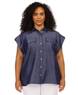 MICHAEL Michael Kors Plus Size Chambray Button-Down Utility Top - Macy's