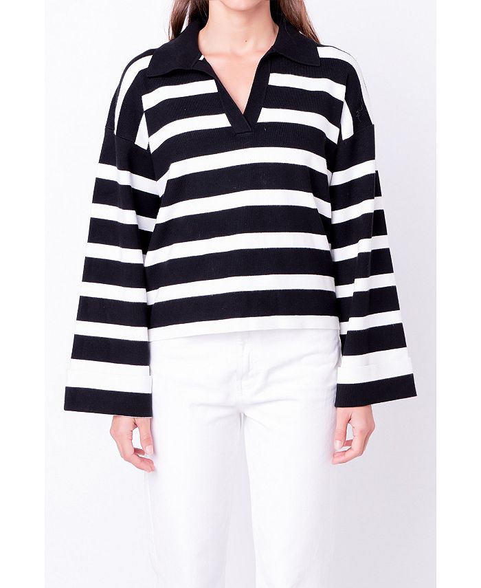English Factory Women's Striped Collared Cropped Sweater - Macy's