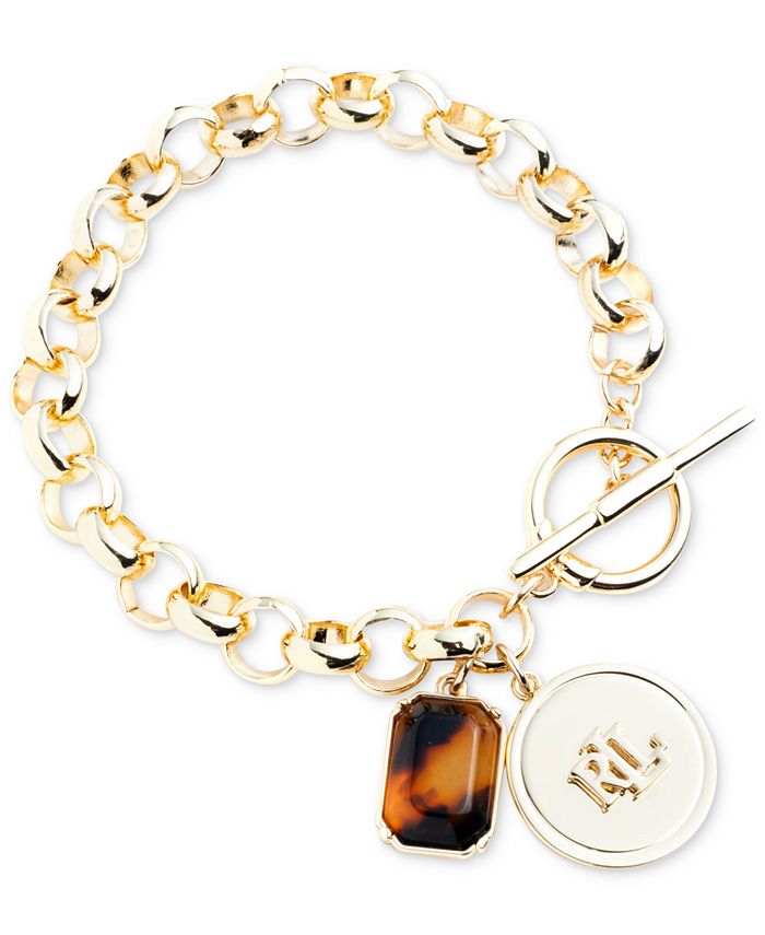 Lauren Ralph Lauren Gold-Tone Tortoise-Look Stone & Logo Disc Flex Bracelet - Macy's