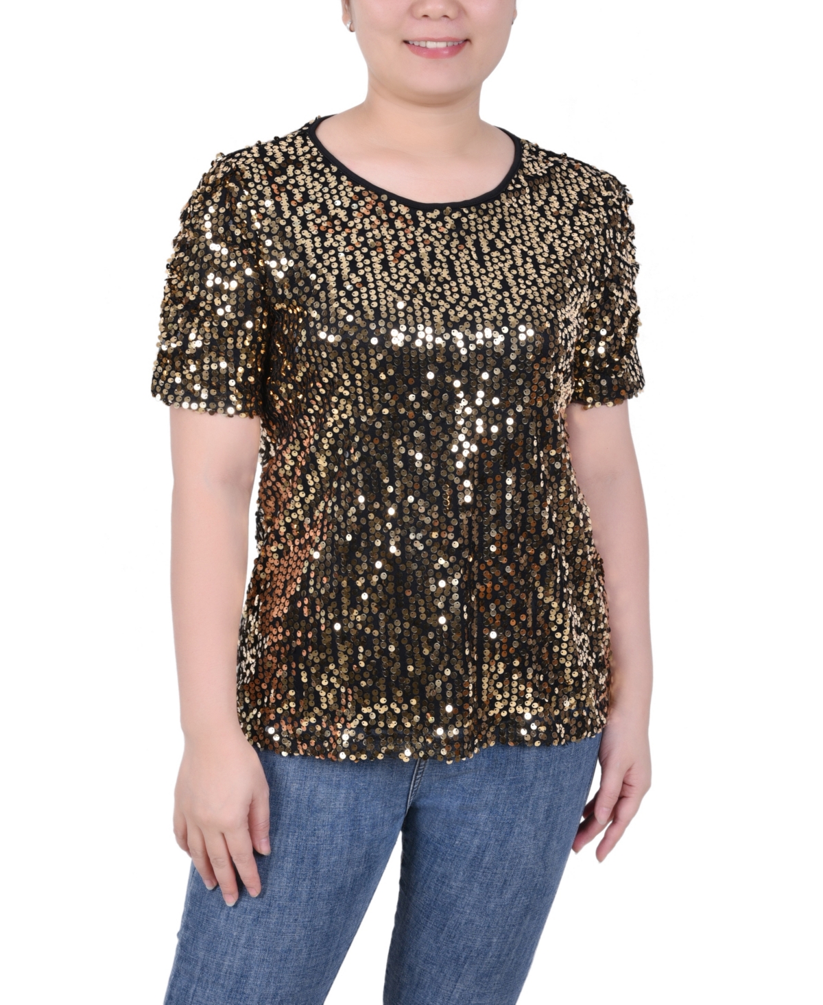 Click here for Ny Collection Petite Short Sleeve Sequined Top - G... prices