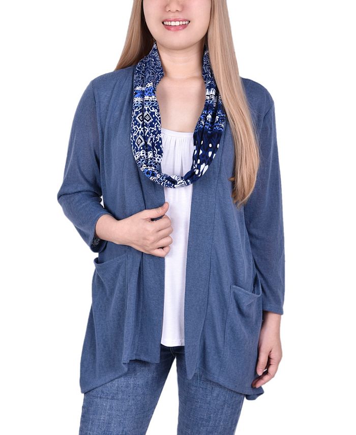 NY Collection Petite 3-Fer Cardigan with Tank and Scarf Top - Macy's