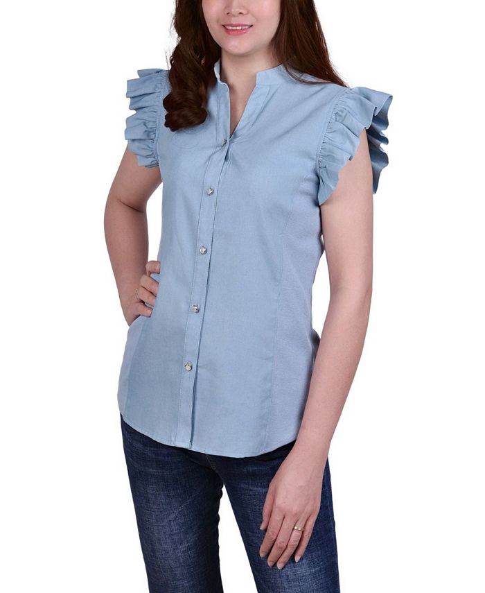 NY Collection Petite Ruffle Flange Chambray Blouse - Macy's