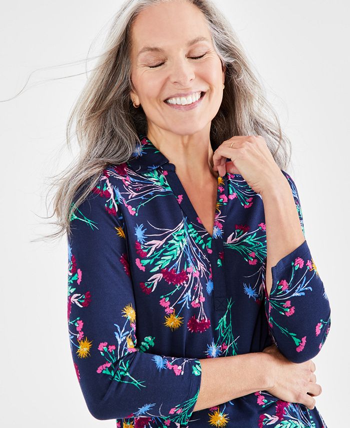 Style & Co Women's Printed 3/4 Sleeve Split-Neck Collar Knit Tunic ...