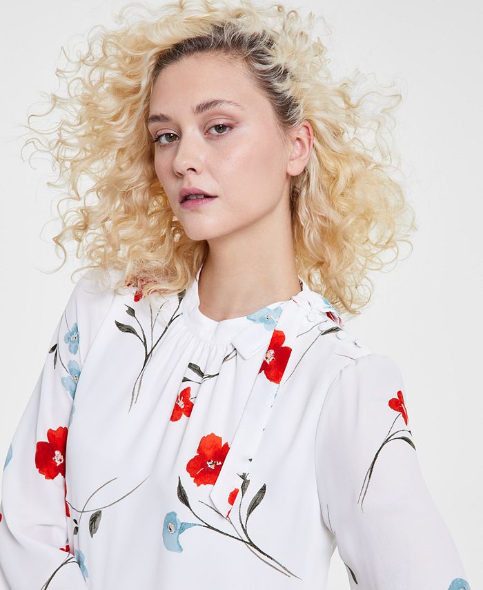 CeCe Women's Floral Tie Neck Button Shoulder Long Sleeve Blouse - Macy's